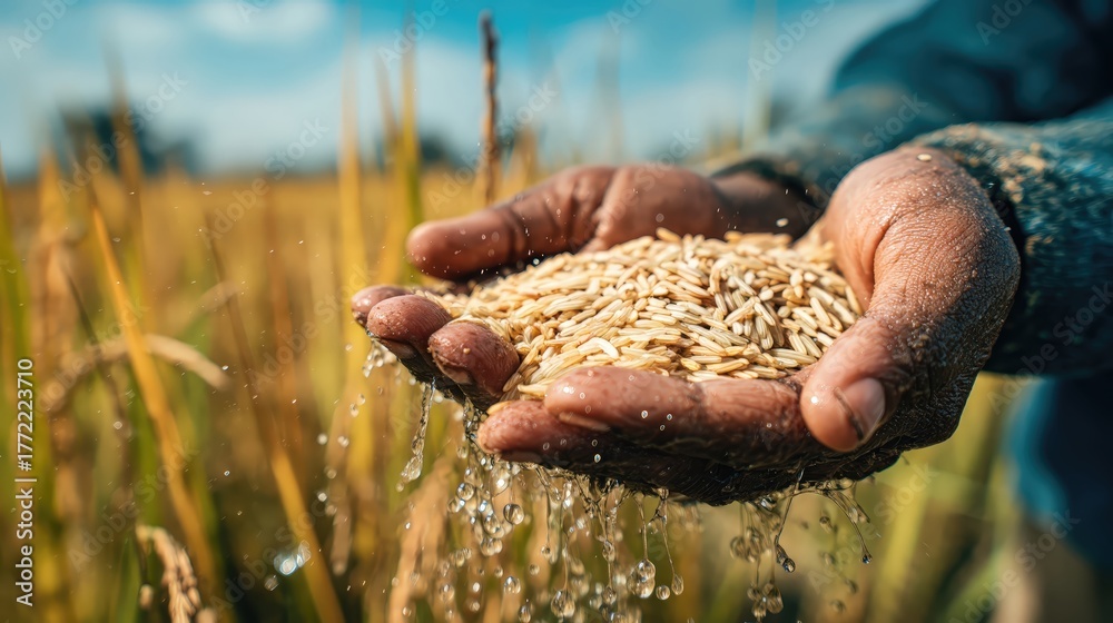 Manos llenas de arroz recién cosechado, con gotas de agua brillando a ...