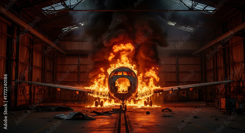 Inside a burning hangar, a circular jet engine roars as fire erupts ...