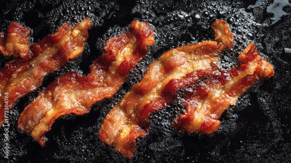 Crispy fried bacon strips sizzling in hot oil with bubbles on black pan ...