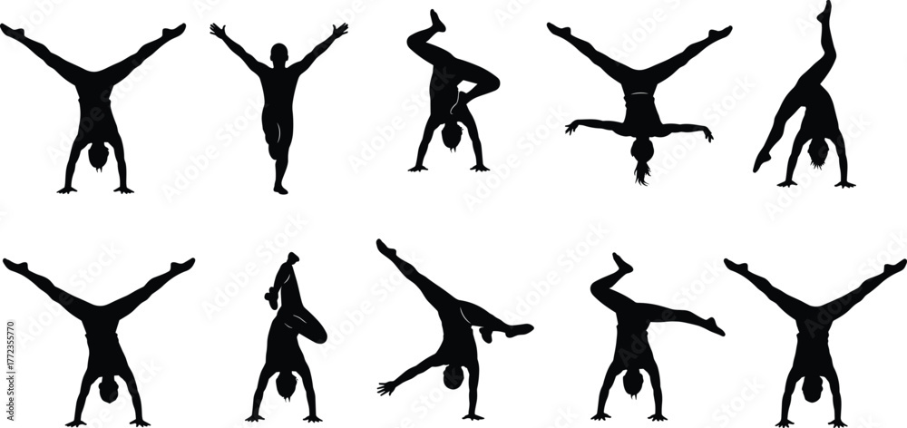 Gymnast silhouette vector, acrobatic pose illustration, dynamic body ...