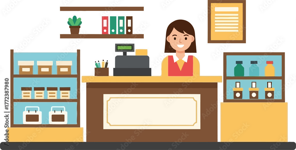 Smiling Female Cashier Working at Shop Counter with Cash Register and ...