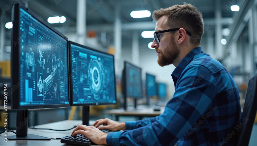Photo Stock Engineer uses CAD software on dual monitors. He works on ...