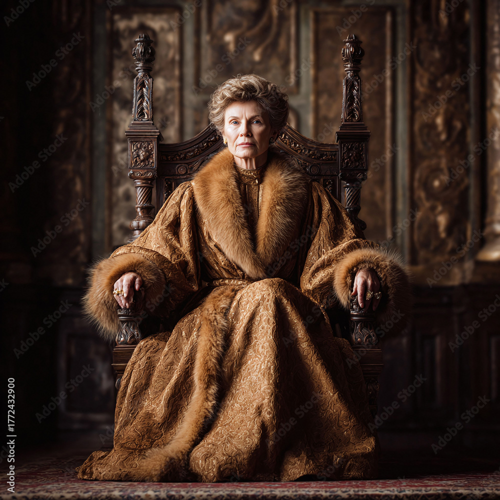 Regal older woman, draped in golden fabric and fur, sits powerfully on ...