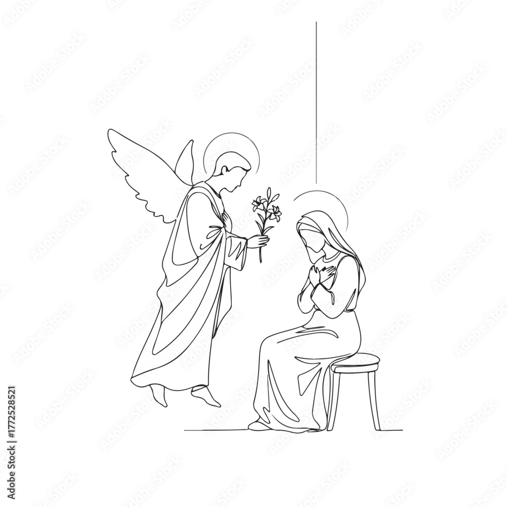 Annunciation of Mary, line art design depicting Gabriel presenting lily ...