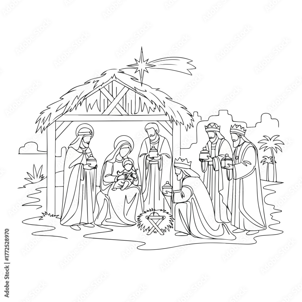 Stock-Vektorgrafik „Nativity scene with Mary, Joseph, and baby Jesus ...