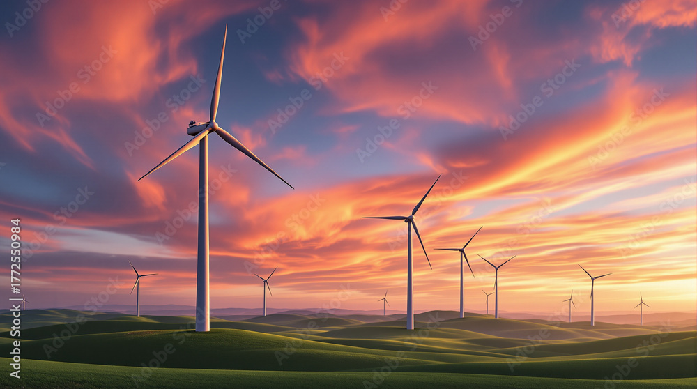 Stunning wind turbines capture vibrant sunset glow over rolling green ...