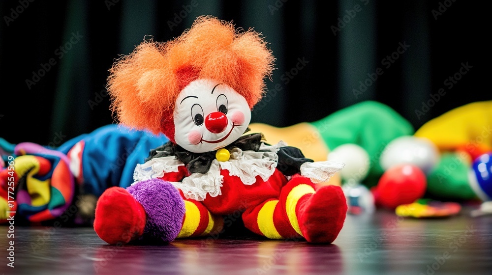 comedy. Circus clown props and colorful toys scattered playfully on a ...