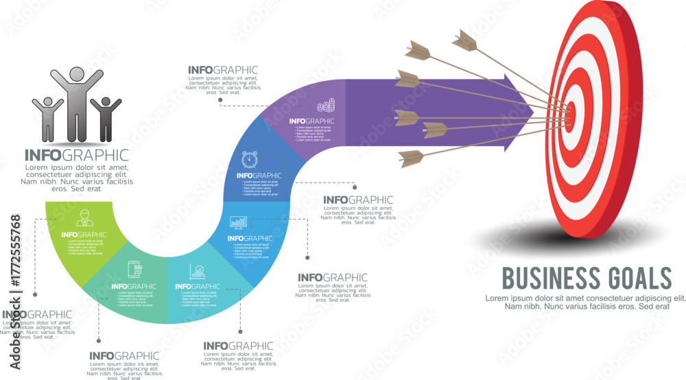 Infographic Path to Business Goals with Arrows Aiming at a Central ...