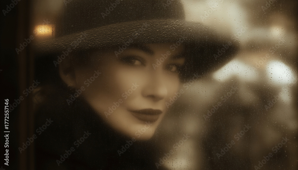 Foto de Stock Faded sepia portrait of a 1940s woman behind rain ...