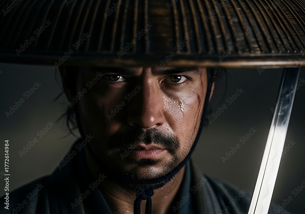 Intense samurai warrior with piercing gaze and traditional hat embodies ...