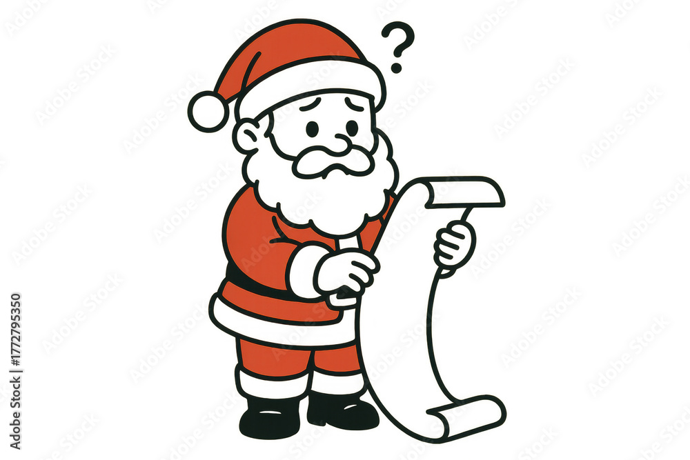 Santa claus holding a long scroll, looking confused with a question ...