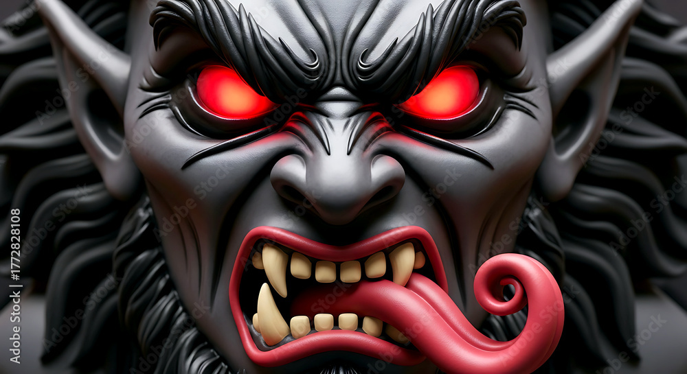grimacing Krampus face with glossy black fur, glowing red eyes, and a ...