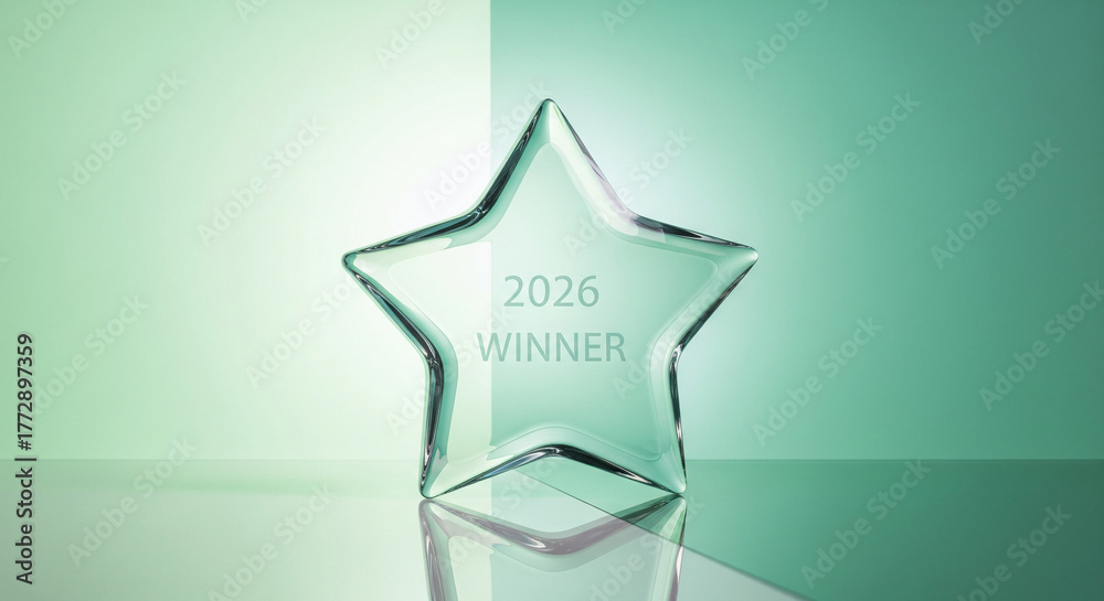 2026 Winner transparent glass star award trophy on a reflective surface ...