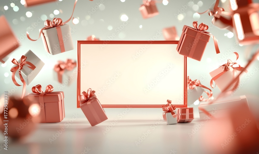 Falling gift boxes and ribbons creating a festive frame for celebration ...