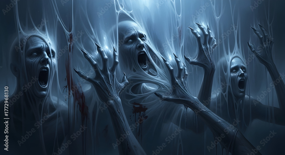 Grotesque, pale figures trapped in ethereal, translucent, sticky ...