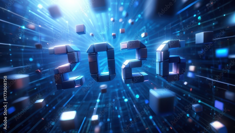 Futuristic 2026 new year celebration with digital cubes and glowing ...
