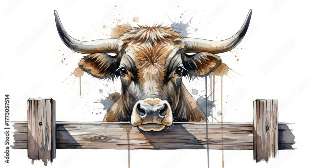 Watercolor longhorn bull head peeking over wooden fence with splashes ...