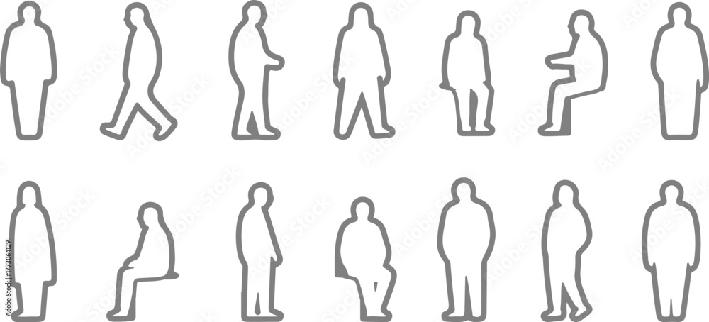 Minimal Human Figures for CAD Drawings, Vector Outline of People in ...