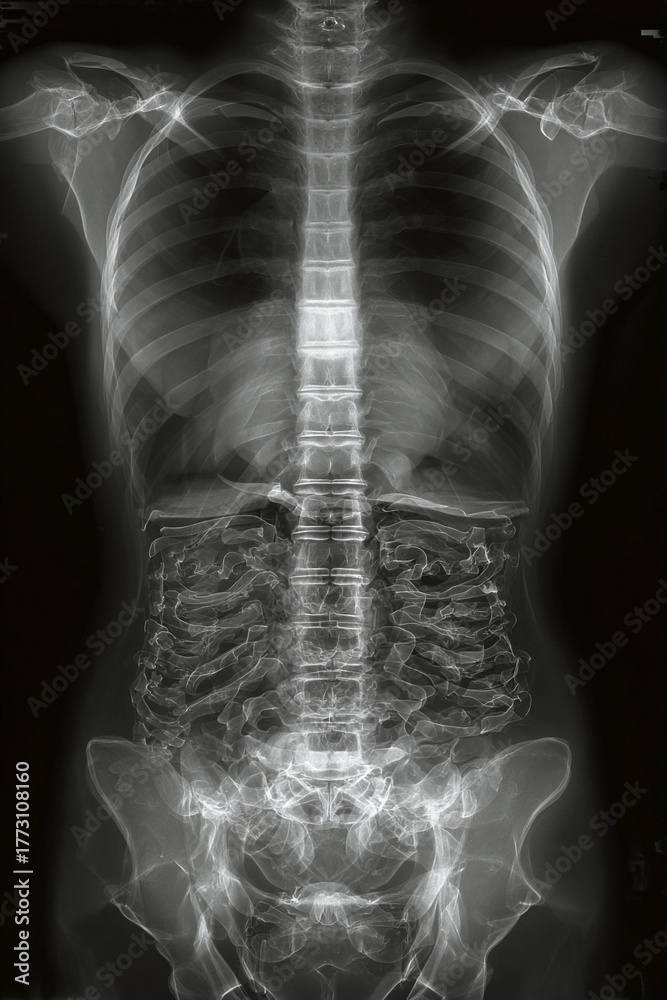 A chest and back view highlighting the rib cage, spine alignment, and ...