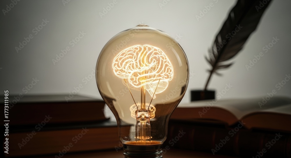 Luminous brain within a radiant light bulb, representing a spark of ...