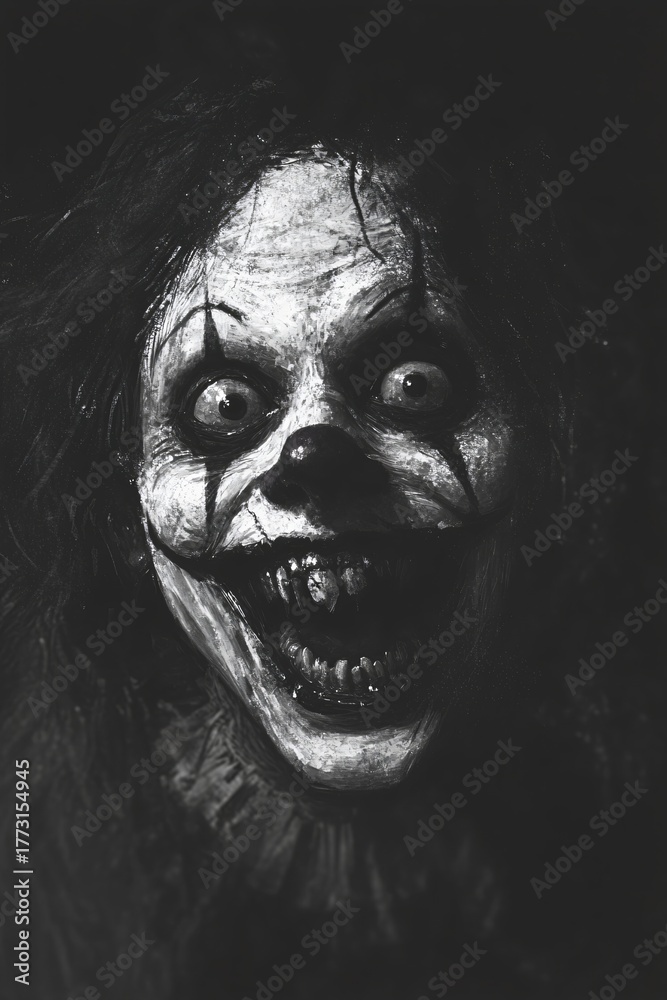 Creepy clown face with scary grin, sharp teeth and big eyes. Horror ...