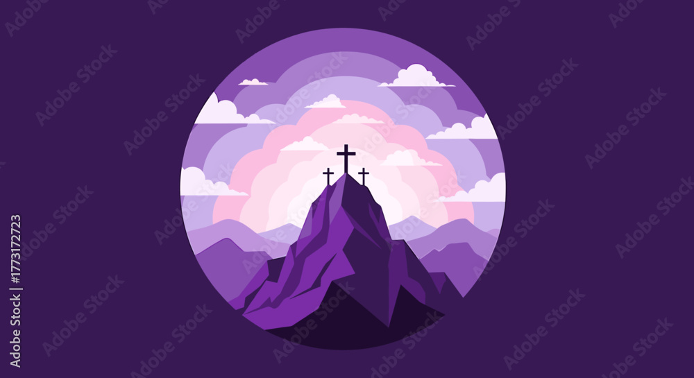 Three crosses stand atop a mountain at sunrise in a minimalist Easter ...