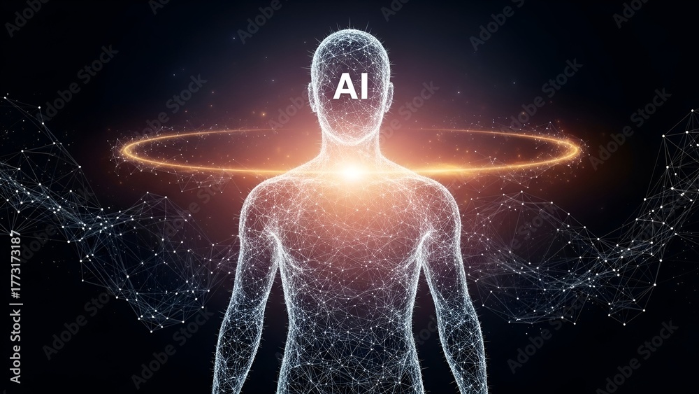 Glowing digital human form with AI text on head, surrounded by network ...