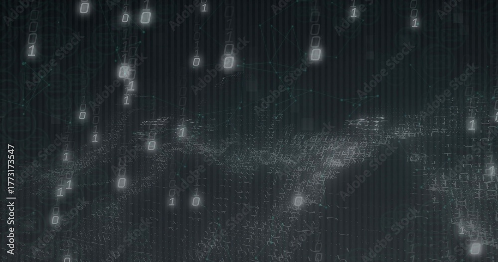 Streaming glowing binary digits cascading on 3D grid surface in network ...