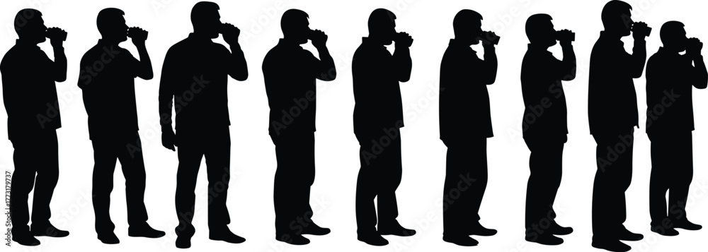 Silhouette sequence of man drinking from bottle, motion frames, posture ...