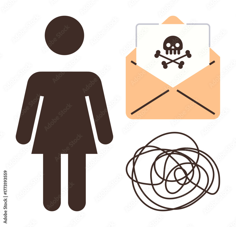 Stock-Vektorgrafik „Toxic envelope with skull icon next to a female ...
