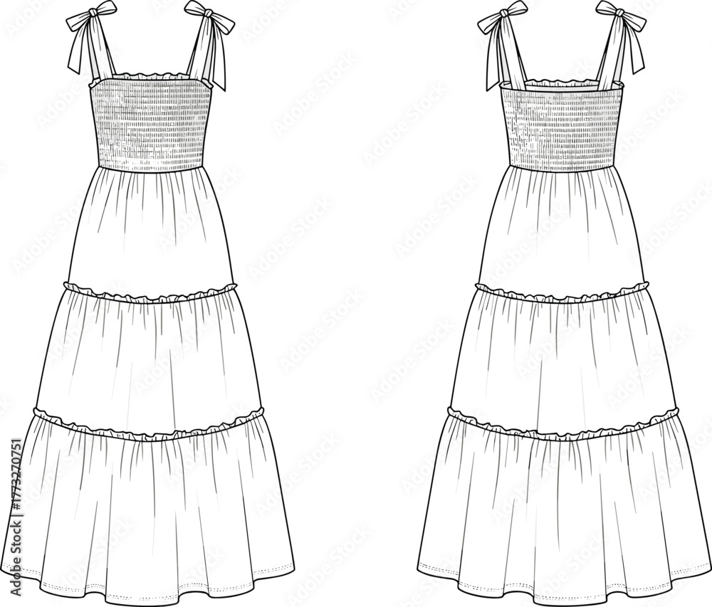Tiered maxi dress fashion flat, smocked bodice sundress CAD drawing ...