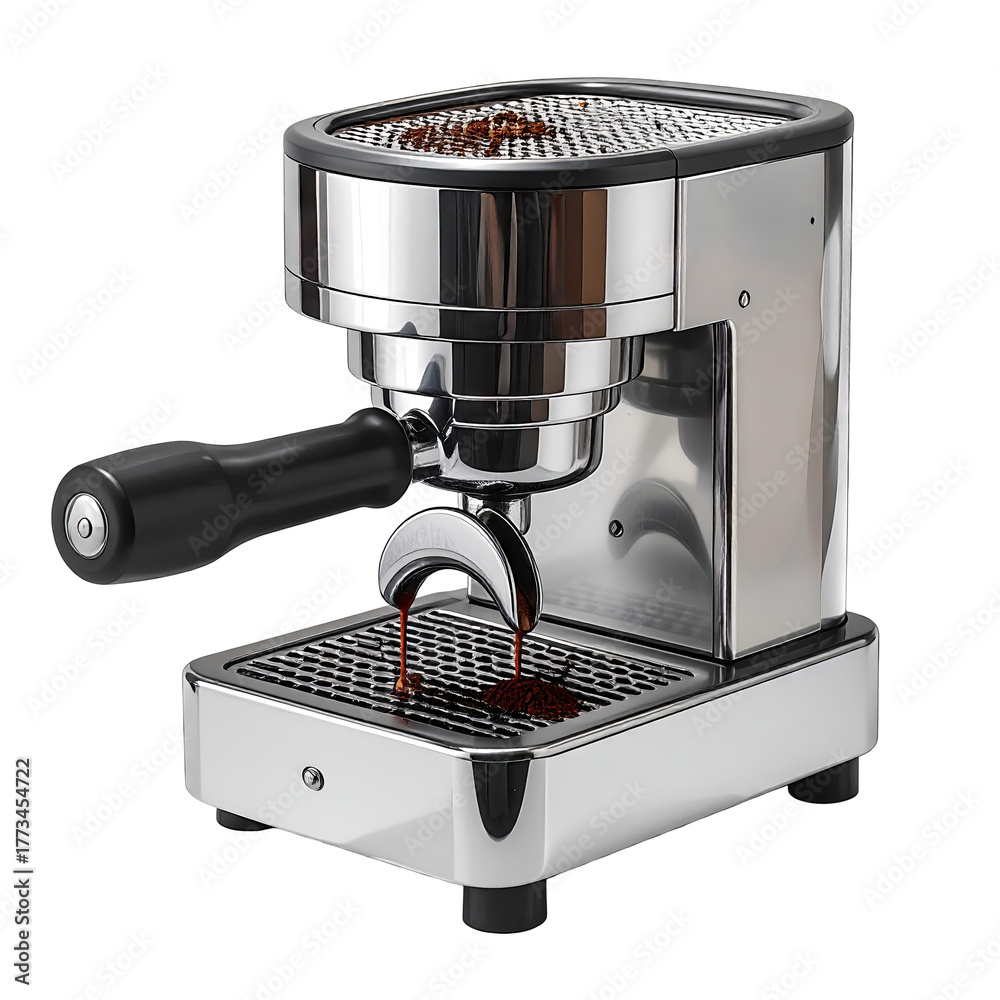 Shiny chrome espresso machine brewing a shot. Coffee beans visible atop ...