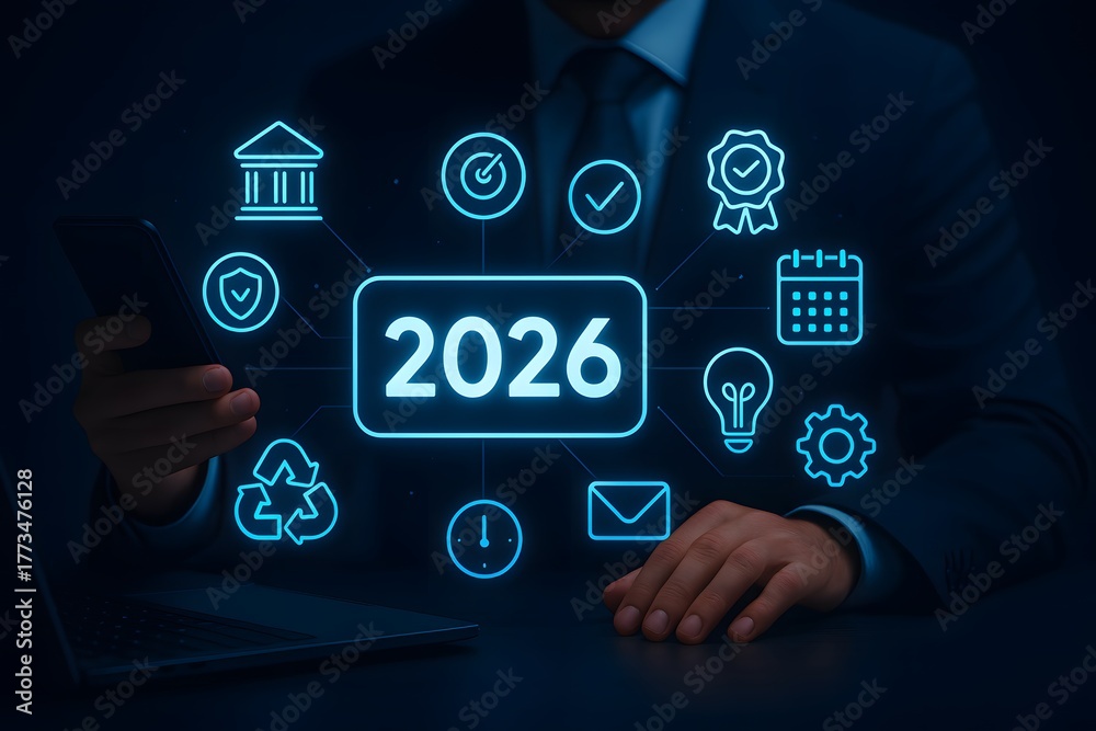 Futuristic business planning with 2026 timeline and innovation icons ...