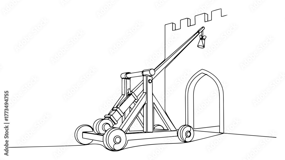 Medieval trebuchet siege engine at castle gate continuous one line ...