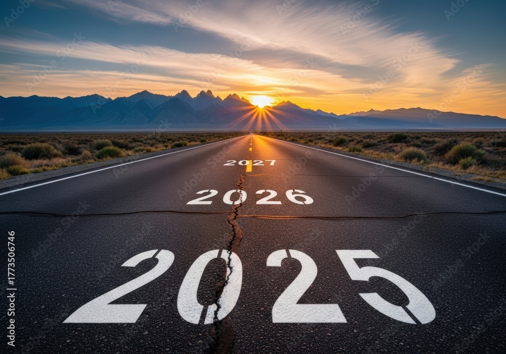 Road to the Future: Years 2025, 2026, and 2027 on an Open Road の Stock ...