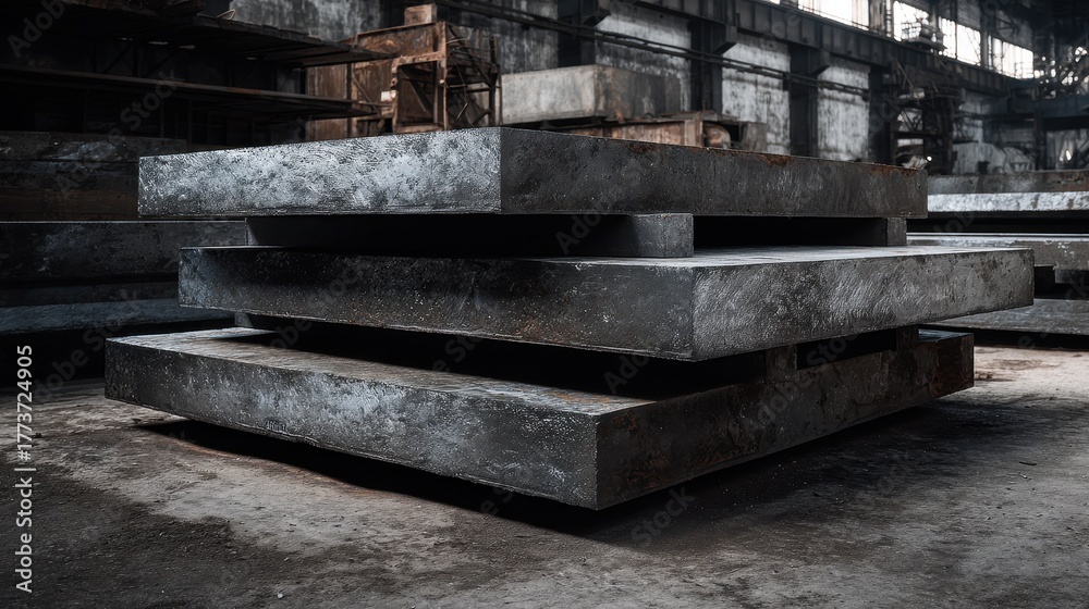 Heavy steel plates stacked in an industrial warehouse, showcasing the ...