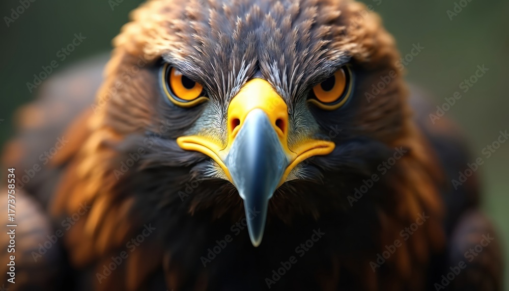 Golden eagle head front view. This bird of prey has intense orange eyes ...
