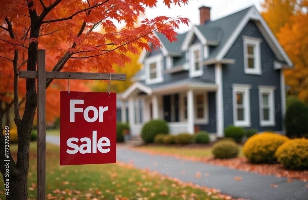 Red For Sale sign hangs on post in autumn. Charming house with dark ...