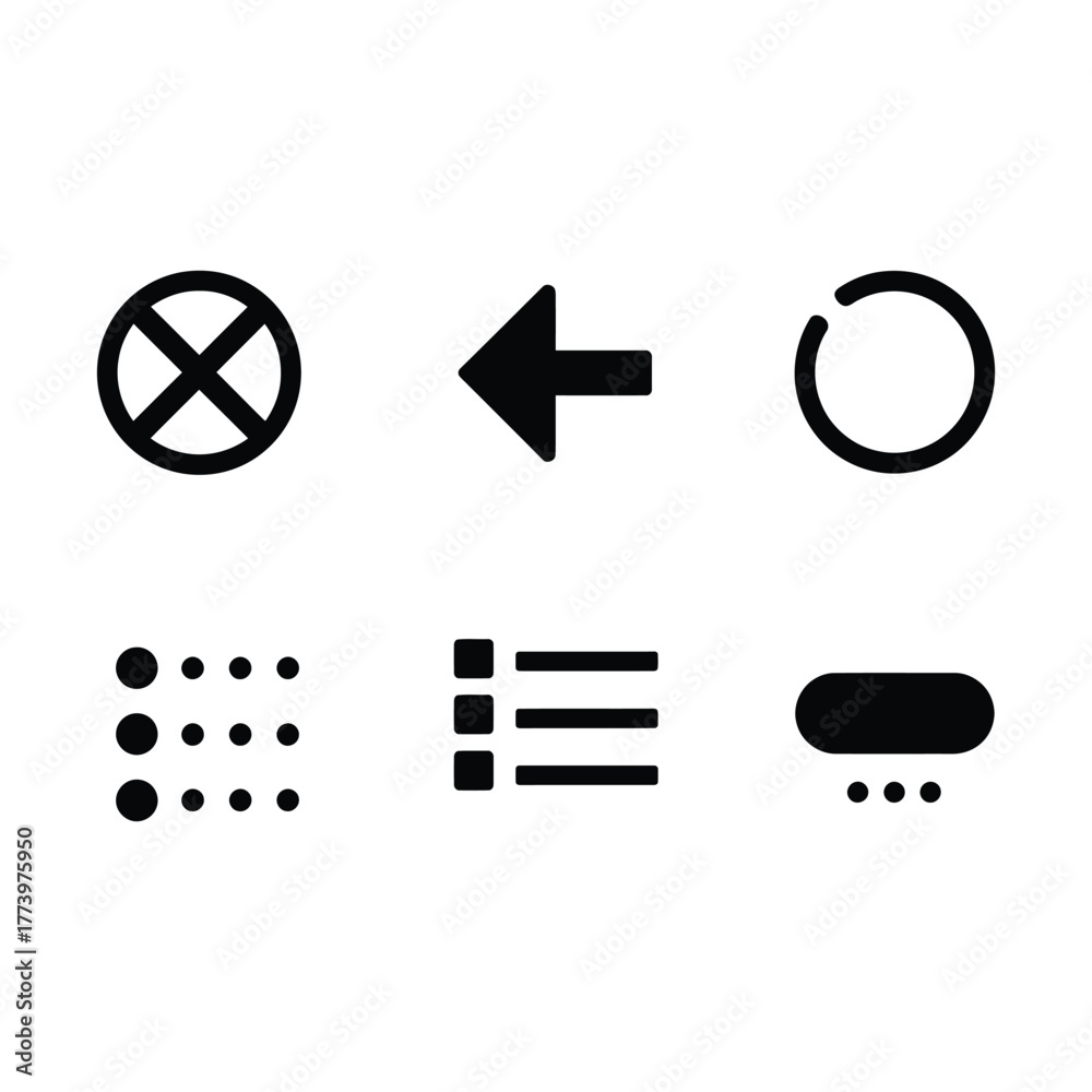 Set of UI Icons cancel back arrow loading circle grid list more options ...