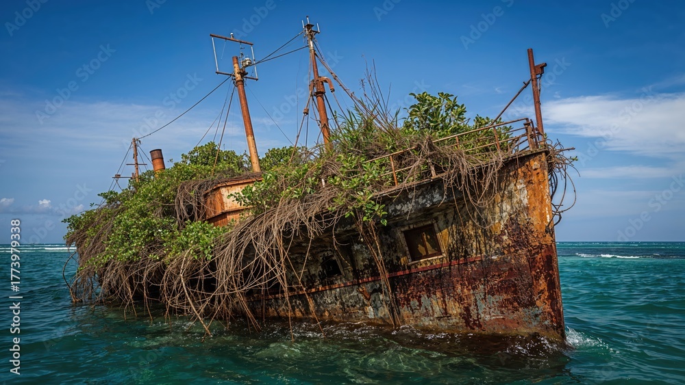 Abandoned shipwreck with overgrown vegetation in water, rusted hull ...