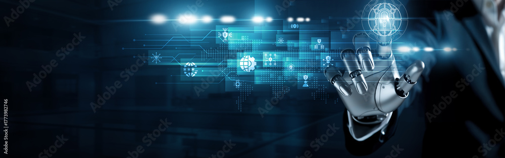 Humanoid robot touch network security concept. Cyber defense, AI ...