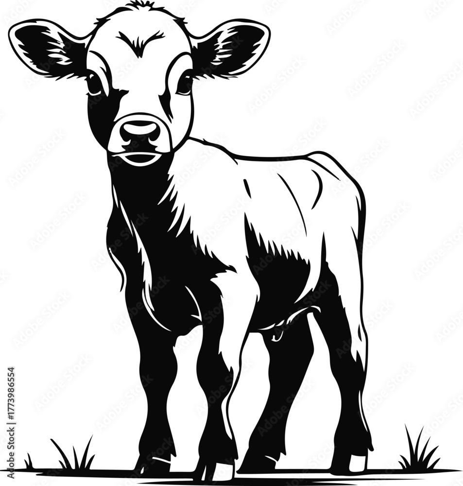 Cute calf outline drawing, soft rounded black strokes, white background ...