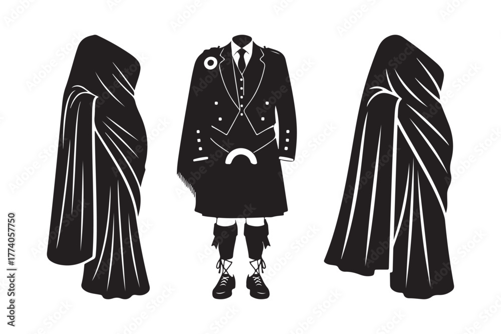 Traditional scottish highland dress outfits shown from multiple angles ...