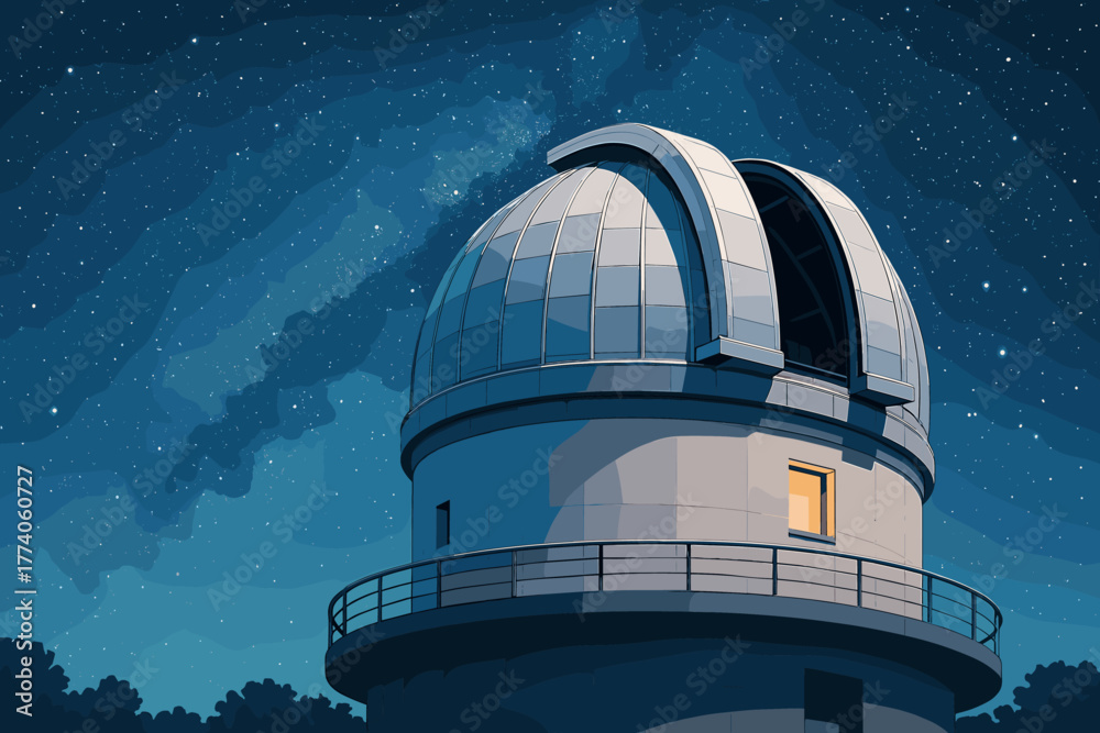 Large dome-shaped observatory under a starry night sky with an open ...