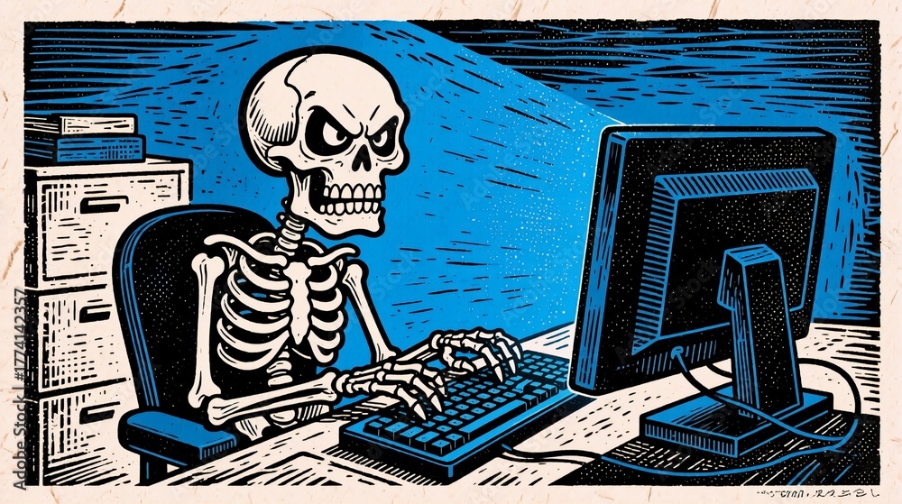 A skeleton sits at a desk, typing on a keyboard in front of an old ...