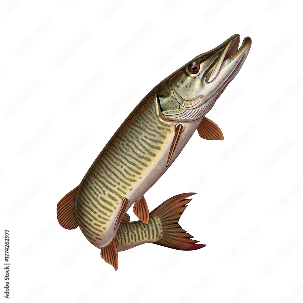 A large predatory muskie fish with distinctive markings isolated on ...