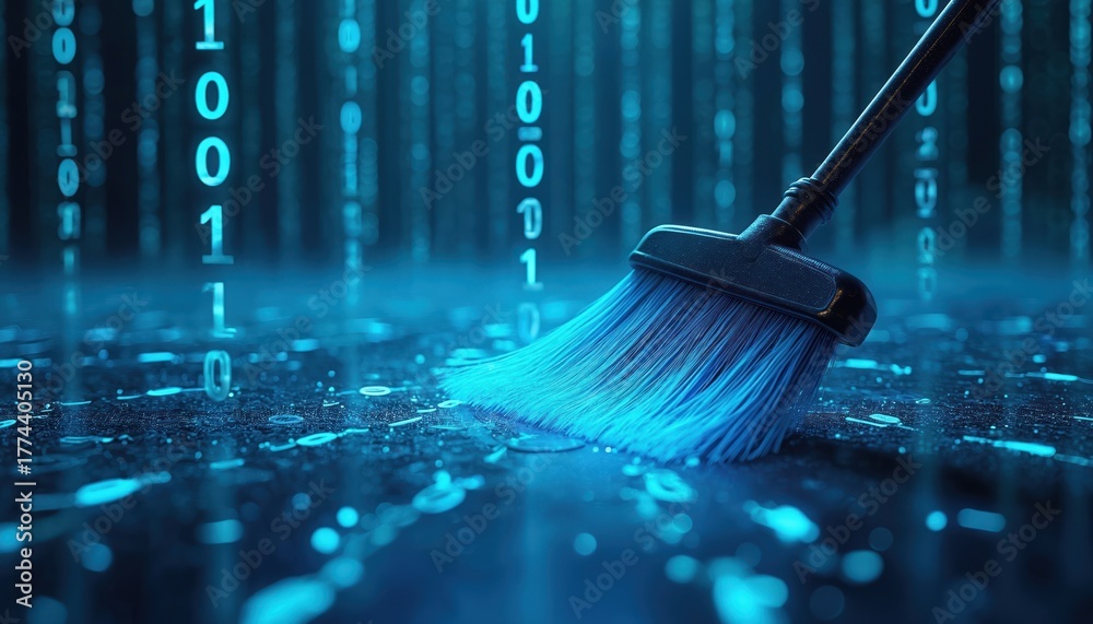 Illustration of broom sweeping binary code. Tech design shows data ...