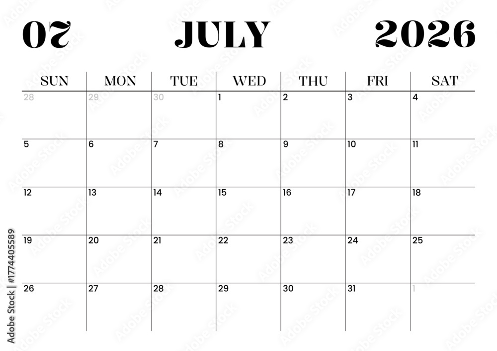 Printable Monthly Calendar Template for July 2026. Minimalist Style ...