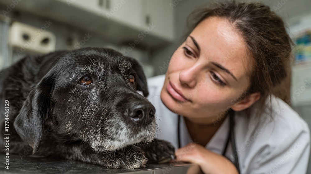 Sad young woman bidding farewell to her ill elderly dog at the vet ...
