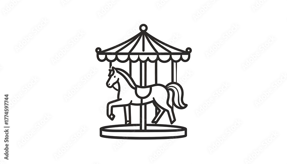Line art illustration of a carousel. The image shows a horse within a ...